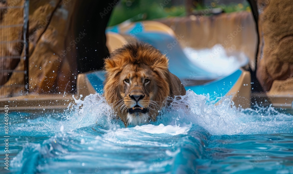 playful lion sliding down waterslide in an animal park with water ...