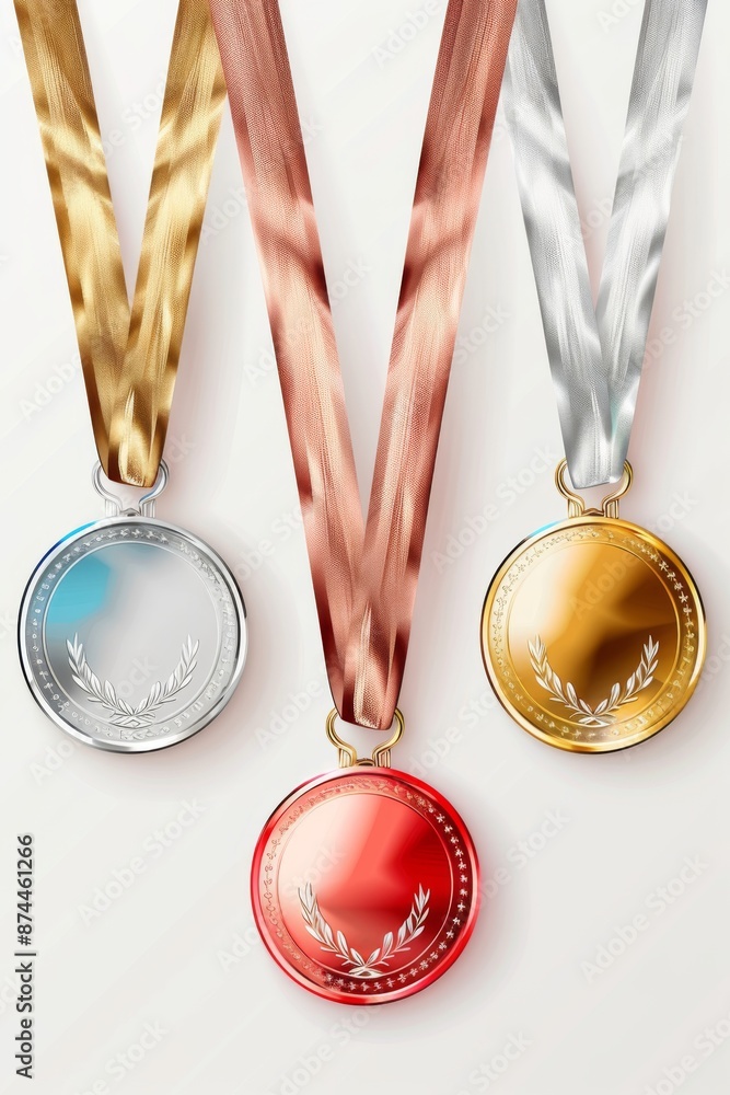 A detailed illustration of shiny Olympic medals hanging from a colorful ...