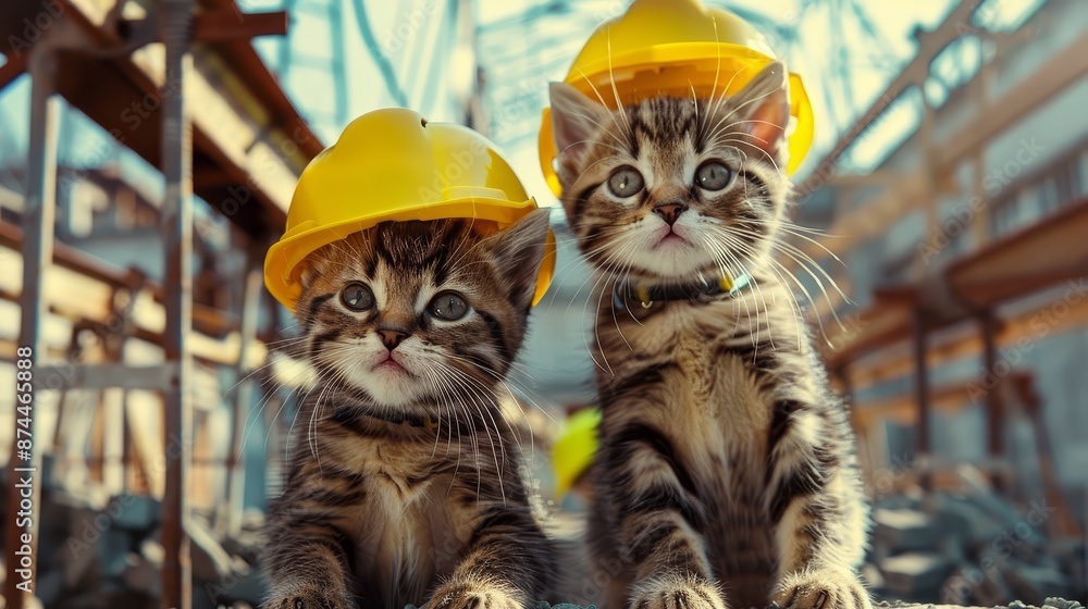 Cute Tabby Cats Wearing Neon-Yellow Construction Helmets Posing on a ...