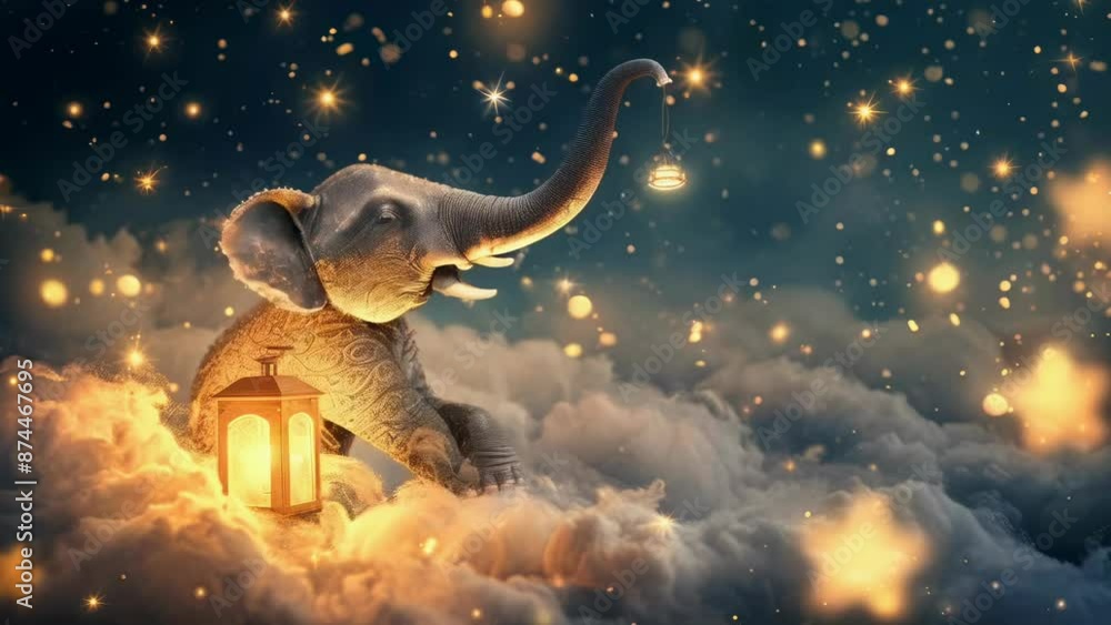 A baby elephant holding a lantern sits on a cloud amid a star-filled ...