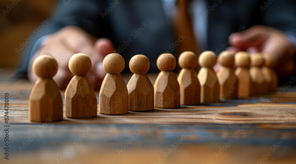 Hand adding human figures in a team concept with wooden figures in a ...