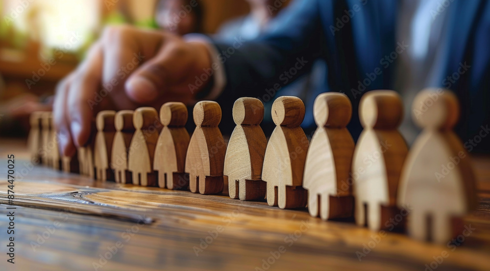 Hand adding human figures in a team concept with wooden figures in a ...