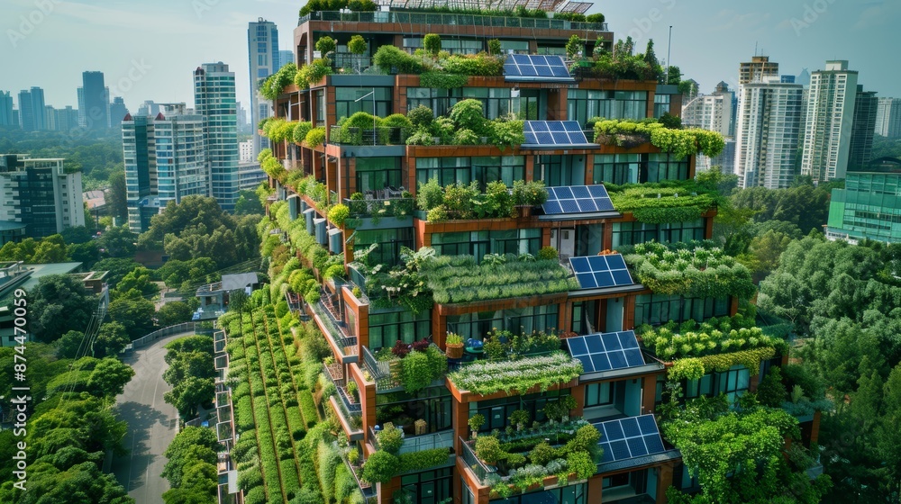High-rise residential building with a rooftop farm, rows of crops and ...