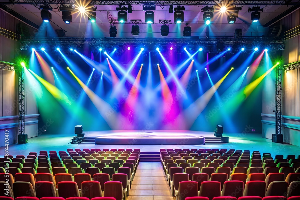 Vibrant stage lights illuminate a packed auditorium, showcasing empty ...