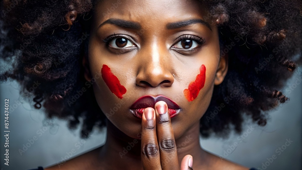 Afro woman with handprint on her mouth in favor of awareness of ...