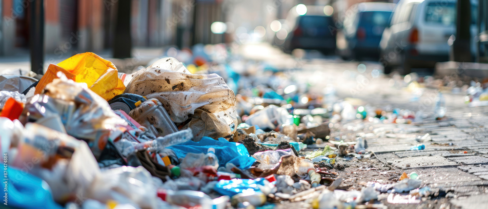 Pile of trash from plastic bottles on the road that pollutes the world ...