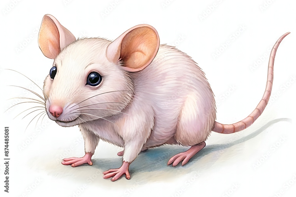 Adorable bald laboratory mouse with pink skin and beady eyes explores a ...
