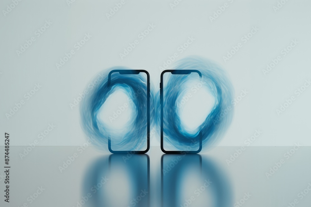 neon blue motion blur swirl symbolizing data exchange, two smartphones ...