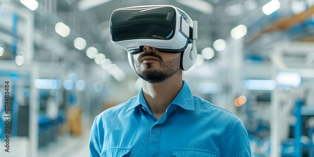 Industrial engineer wearing VR headset operates control devices in ...