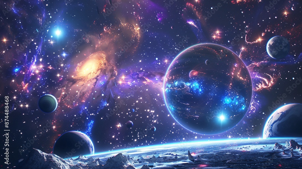 Space-themed backdrop featuring stars, planets, and a glowing galaxy ...