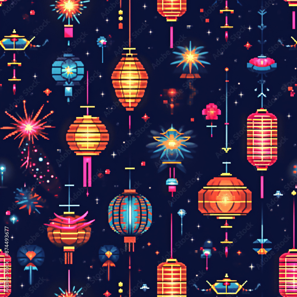 Pixel art template of festival of lights, with lanterns, fireworks and ...