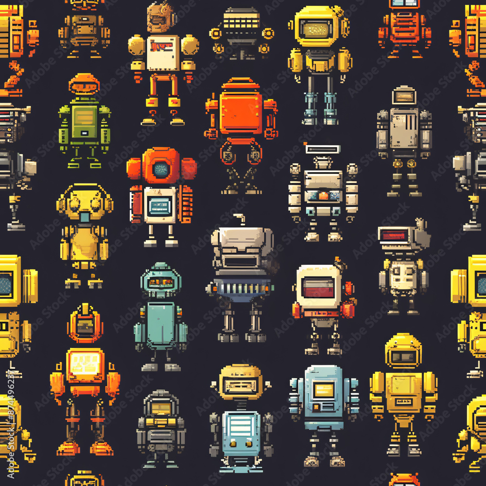 Pixel art template of vintage robots, with different designs and poses ...