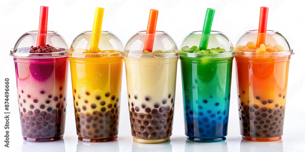 Vibrant cups of colorful flavored bubble tea overflowing with chewy ...