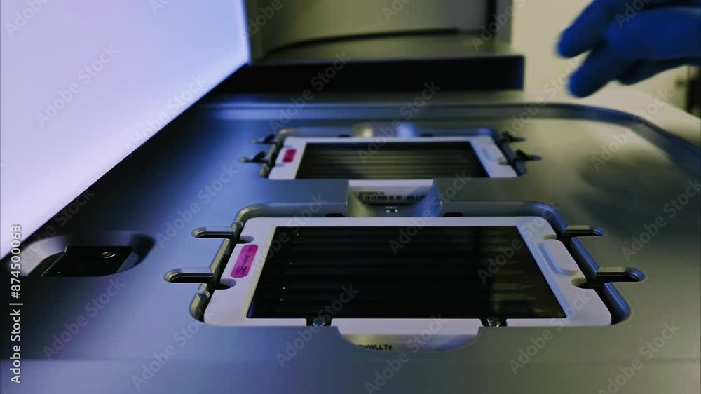 DNA sequencer. Gloved hand is handling flow cell with multiple lanes ...