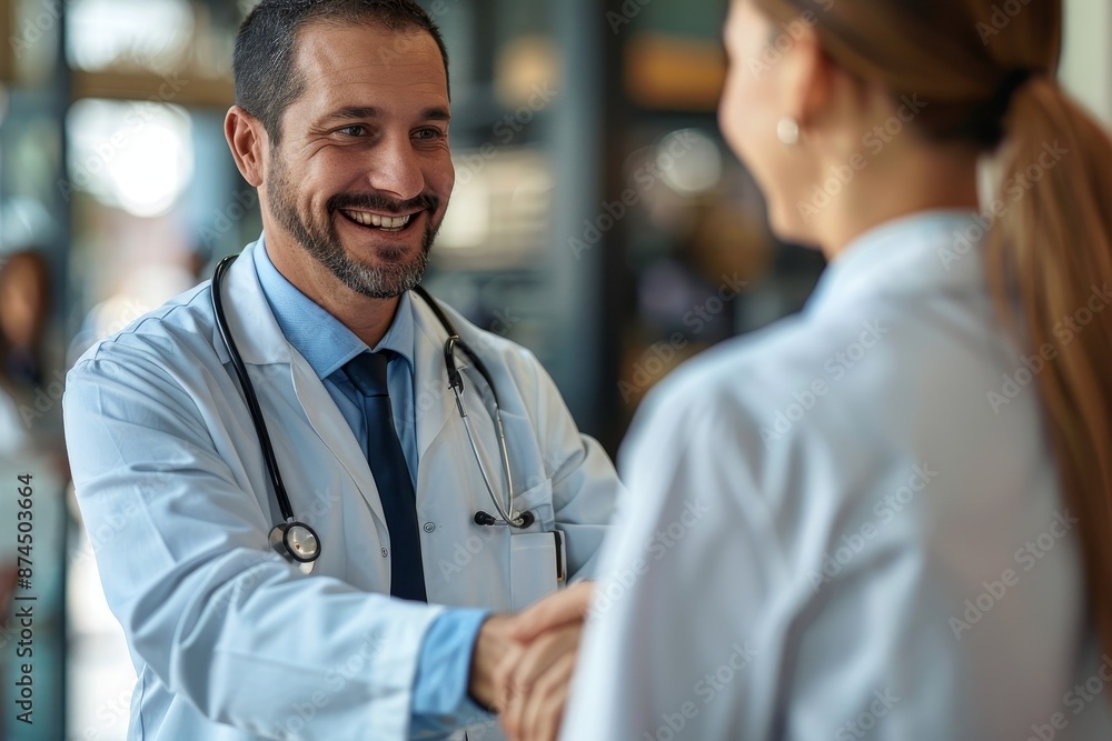 Positive confident chief physician shaking hands with partners, sponsor ...