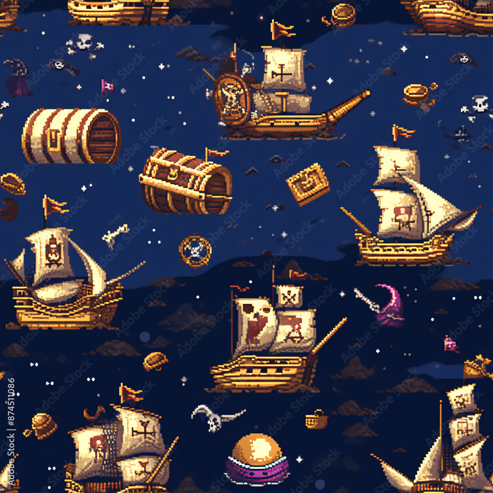 Pixel art pattern of pirate ships, treasure chests and pirate flags ...