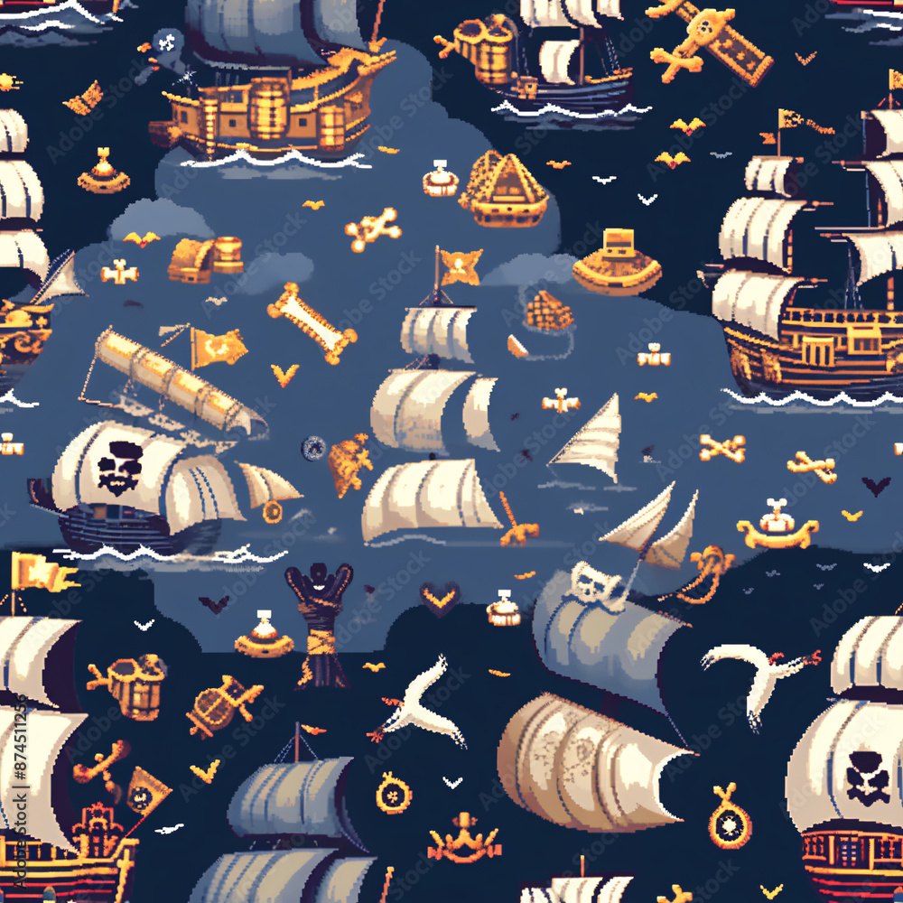 Pixel art pattern of pirate ships, treasure chests and pirate flags ...