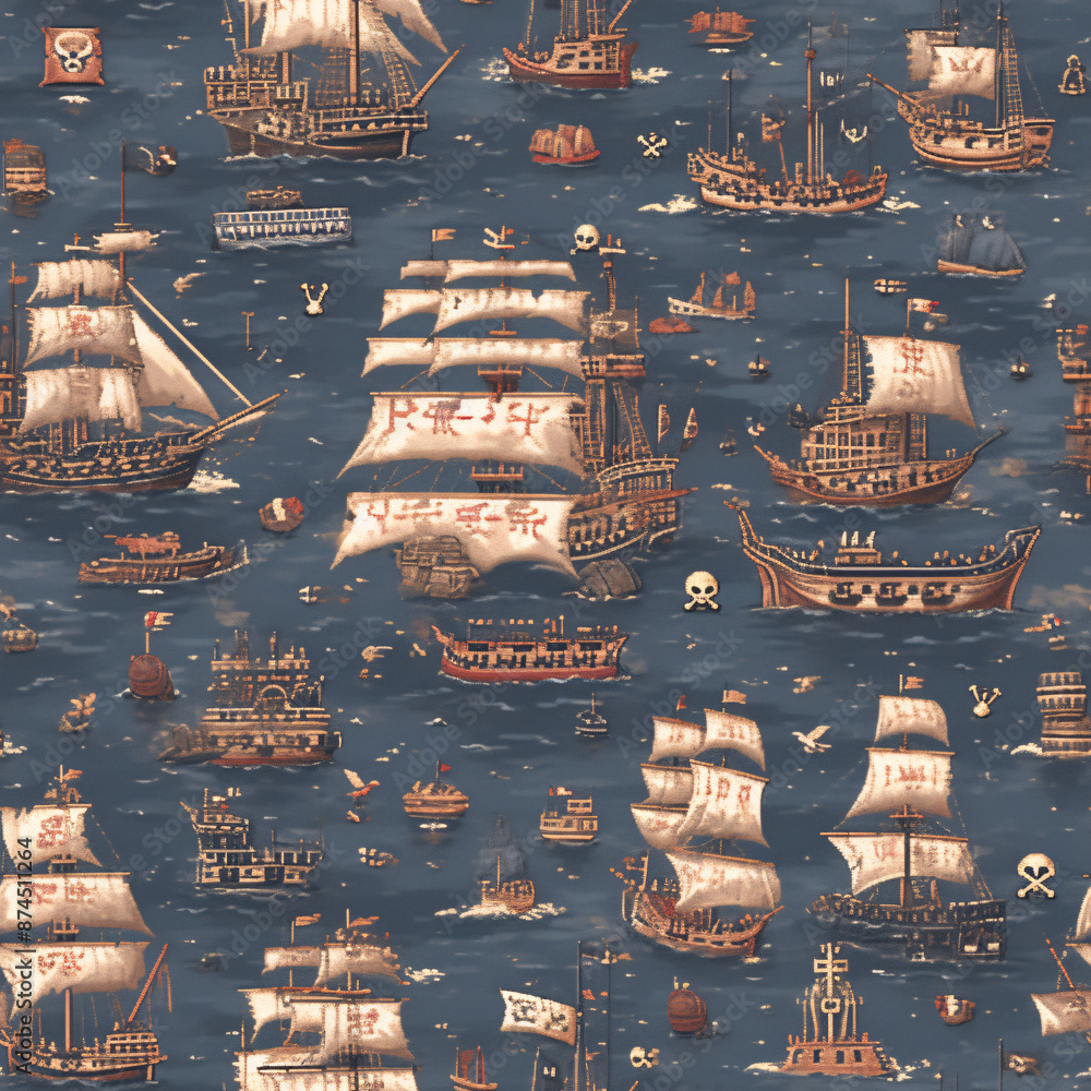 Pixel art pattern of pirate ships, treasure chests and pirate flags ...