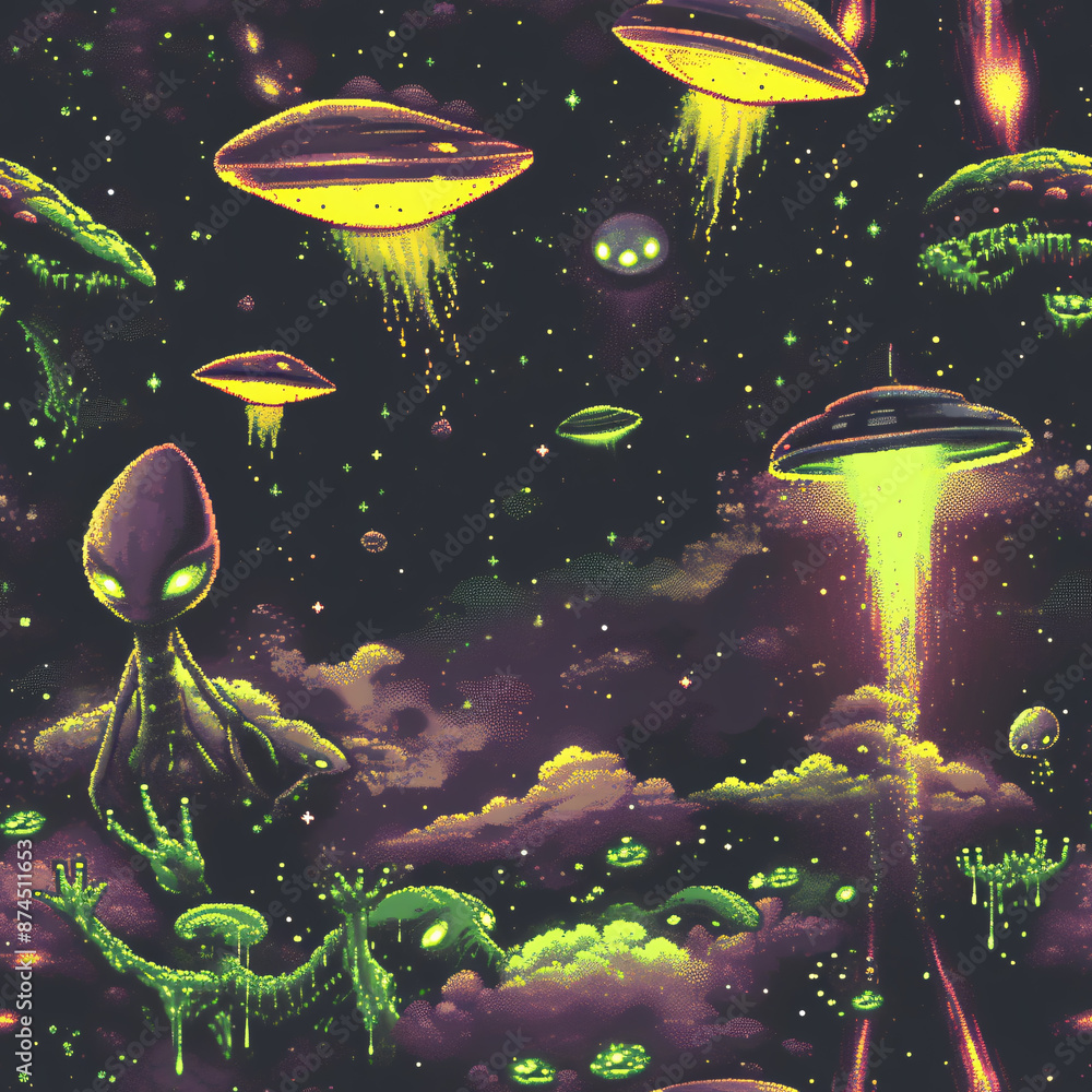 Pixel art pattern of aliens and UFOs, featuring different alien species ...