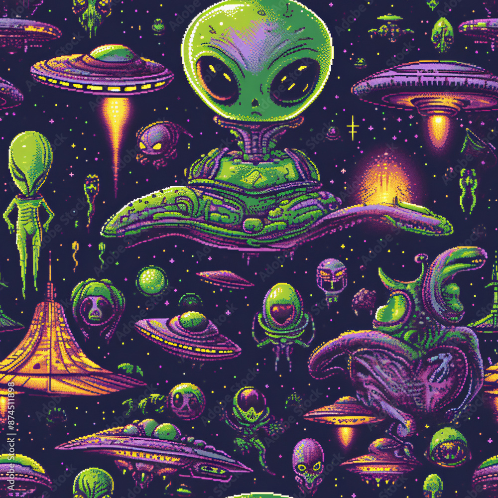 Pixel art pattern of aliens and UFOs, featuring different alien species ...