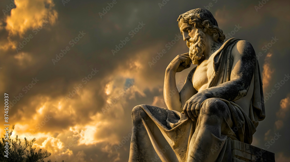 The statue depicts a Greek philosopher sitting and pondering profound ...