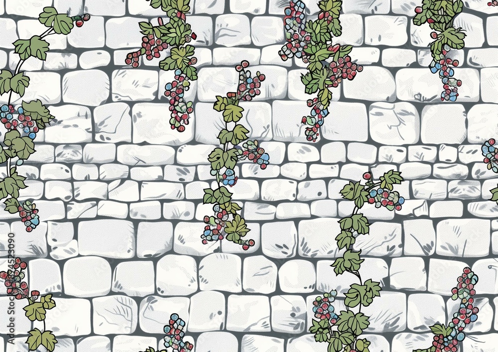 Hand-Drawn Illustration of Grapevines on Stone Wall - Seamless Pattern ...