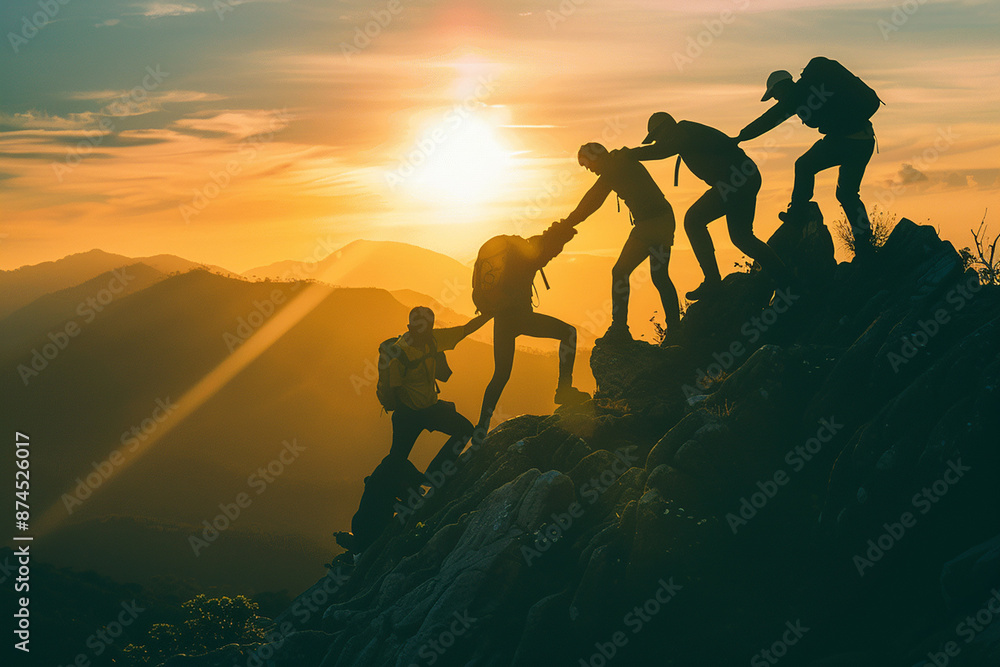 Group of climbers helping each other ascend a steep mountain slope at ...