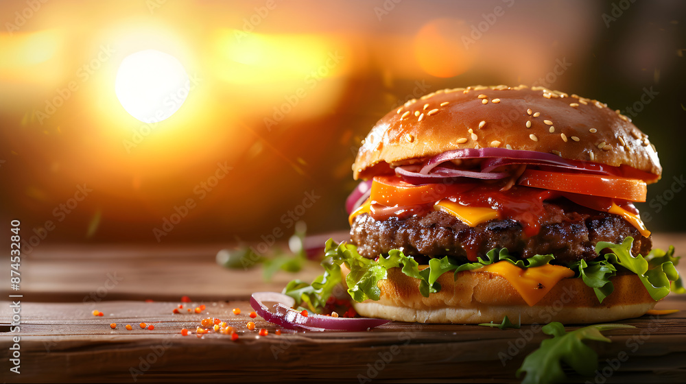Delicious hamburger with classic toppings perfect for food menus ...