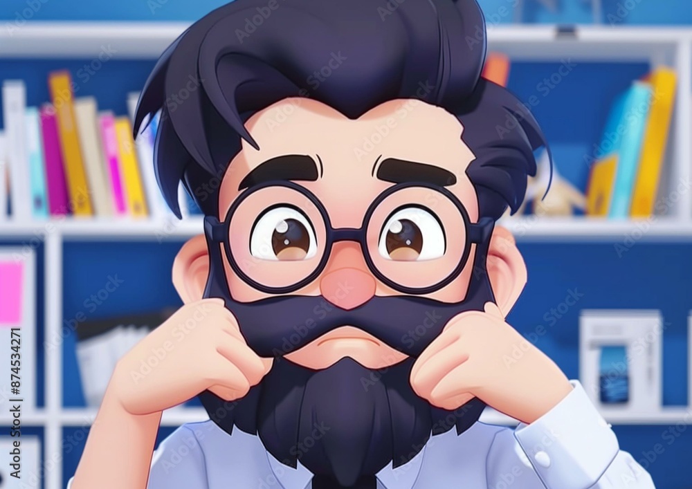 Cartoon Illustration of a Nerdy Guy with Glasses Pondering in Office ...