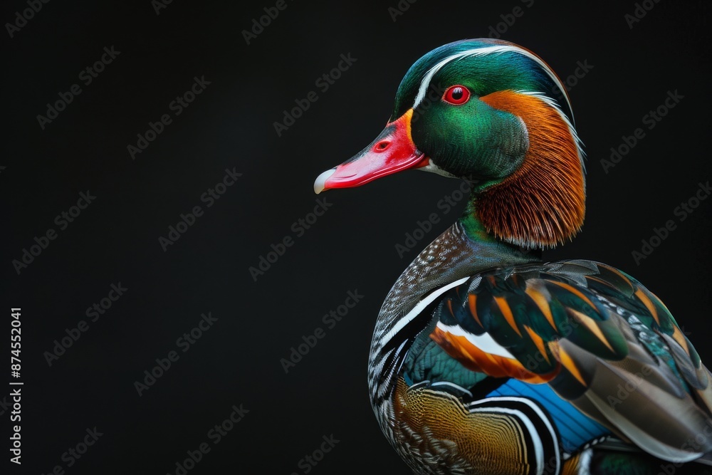 Mystic portrait of White-winged Duck, full body view, isolated on black ...