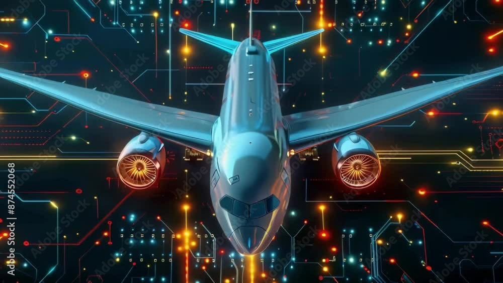 Futuristic airplane dark background with glowing lights. Modern ...