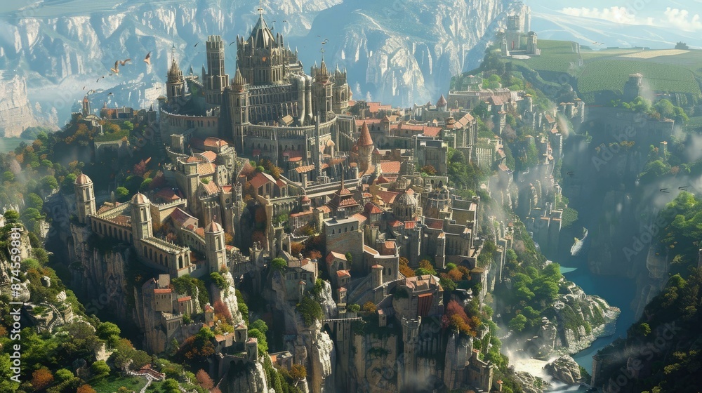 A sprawling medieval-style city with towering castles and intertwined ...