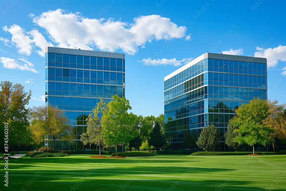 Two large, modern office buildings with numerous windows, surrounded by ...