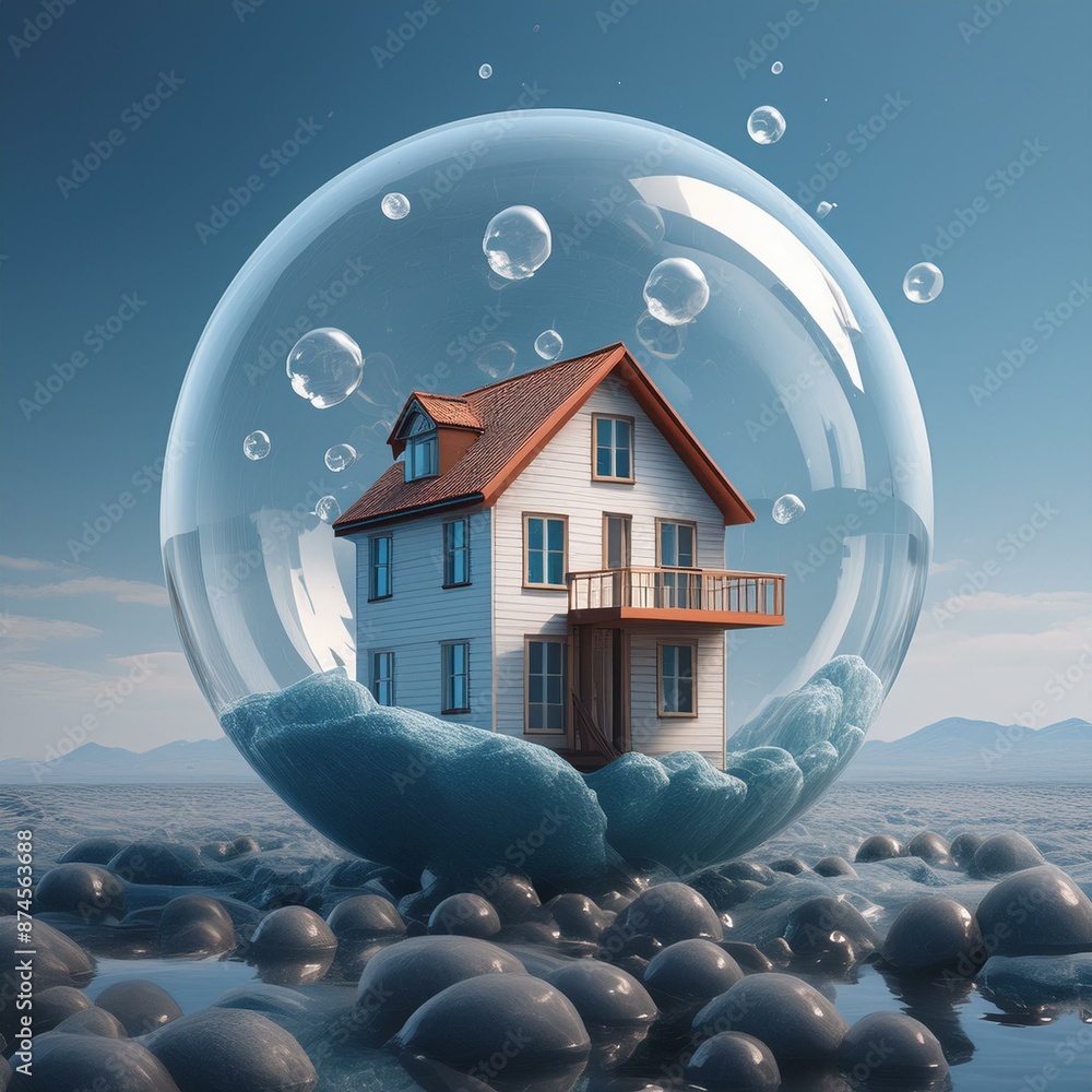 Concept art of the housing bubble with a simple house inside of a ...