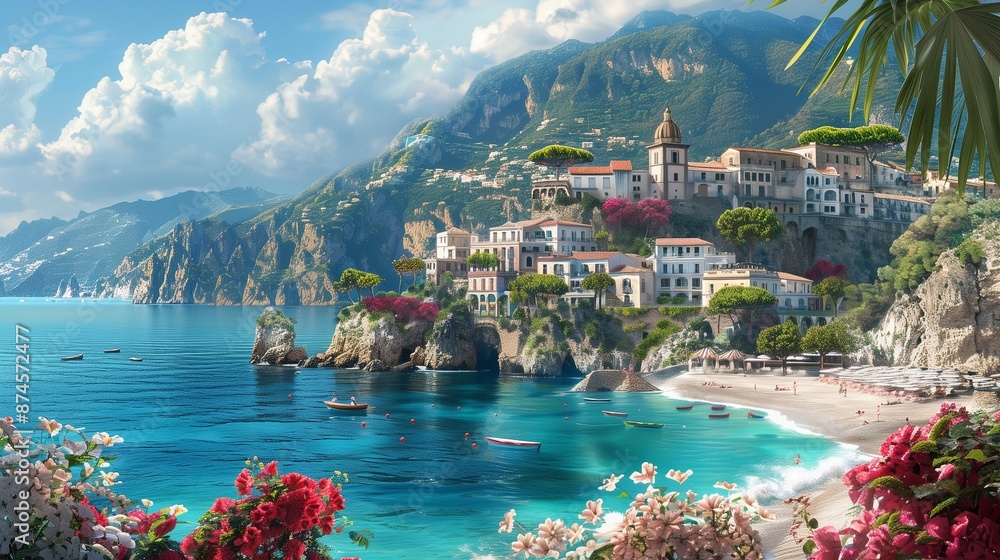 Landscape with atrani town at famous amalfi coast italy. Beach. Ultra ...