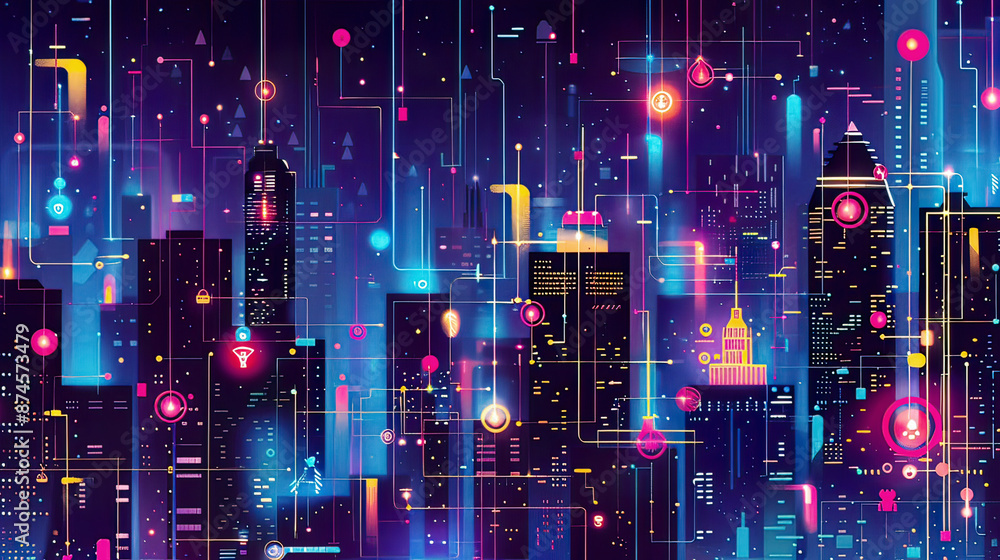 Abstract artwork depicting a smart city environment with interconnected ...