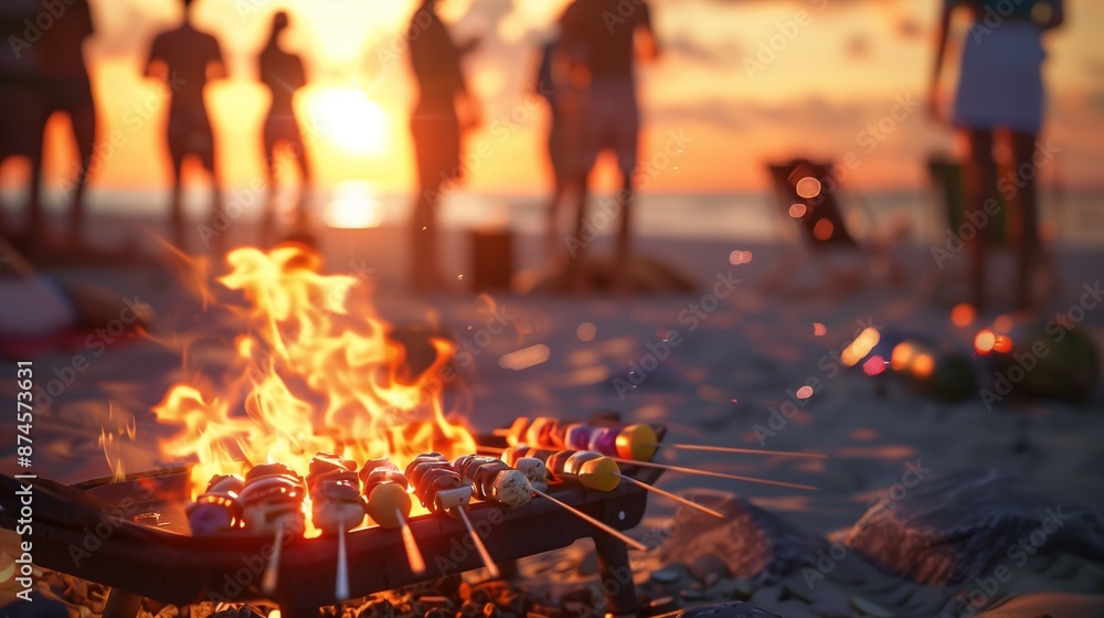 Foto de Friends gather for a beach barbecue party at sunset with ...