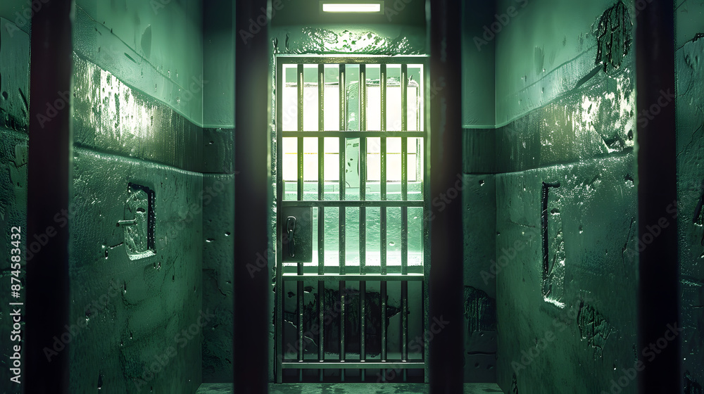 Prison cell green door. Prison cell interior seen through barred door ...