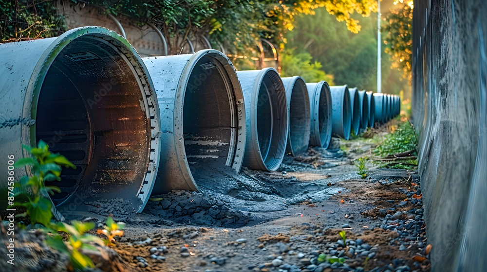 Concrete drainage pipe system installation on road sides for urban ...