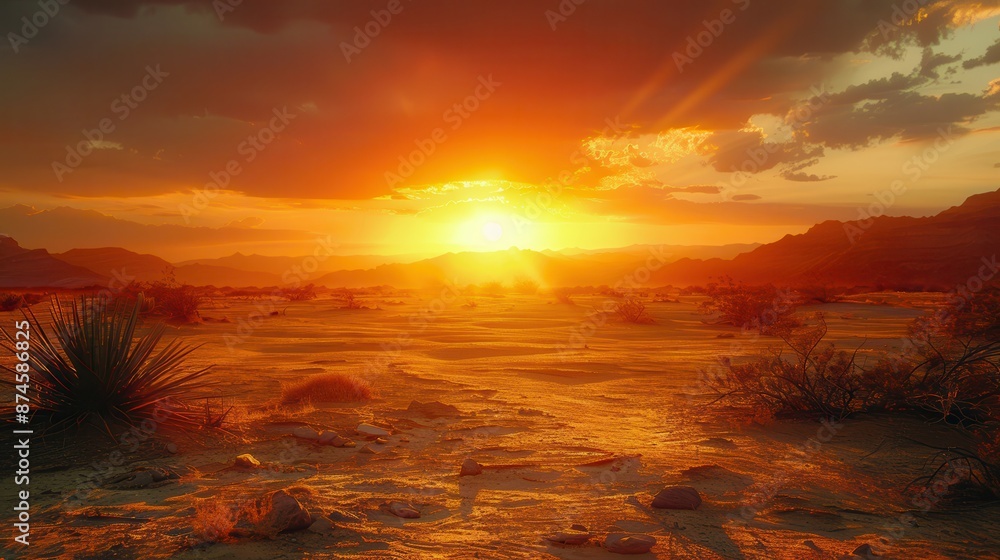 A scorching desert landscape under a blazing sun, with heatwaves ...