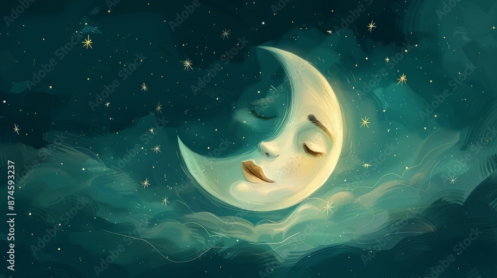 sleepy moon illustration, minimalist design featuring a sleeping moon ...