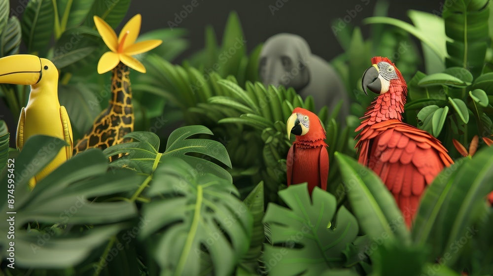 A vibrant rainforest scene teeming with diverse wildlife highlighting ...