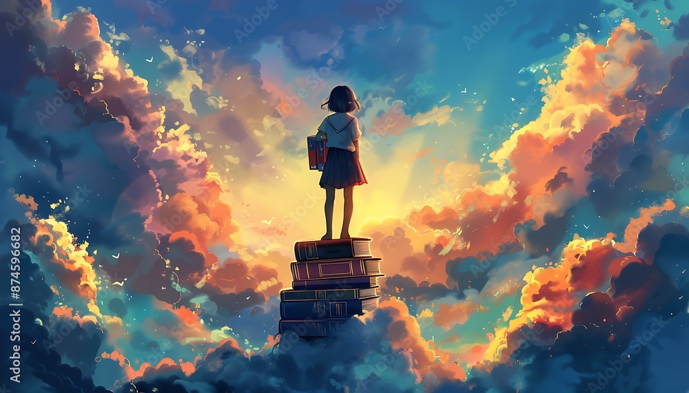 Fantasy world with a girl in school uniform on book stack, clouds ...