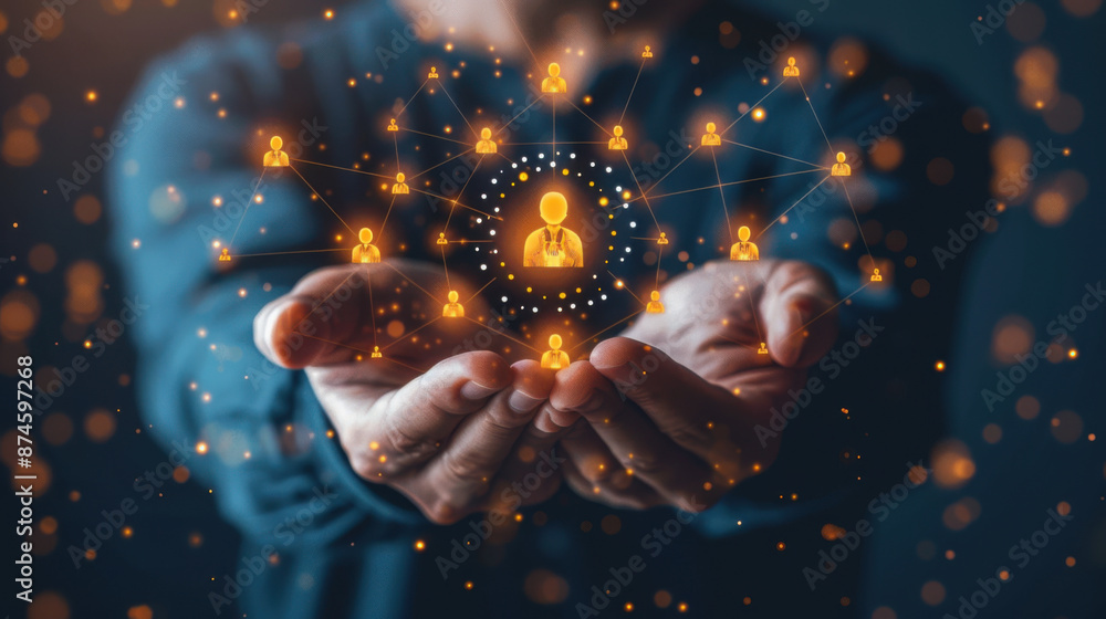 Hands presenting a network of interconnected people icons, symbolizing ...