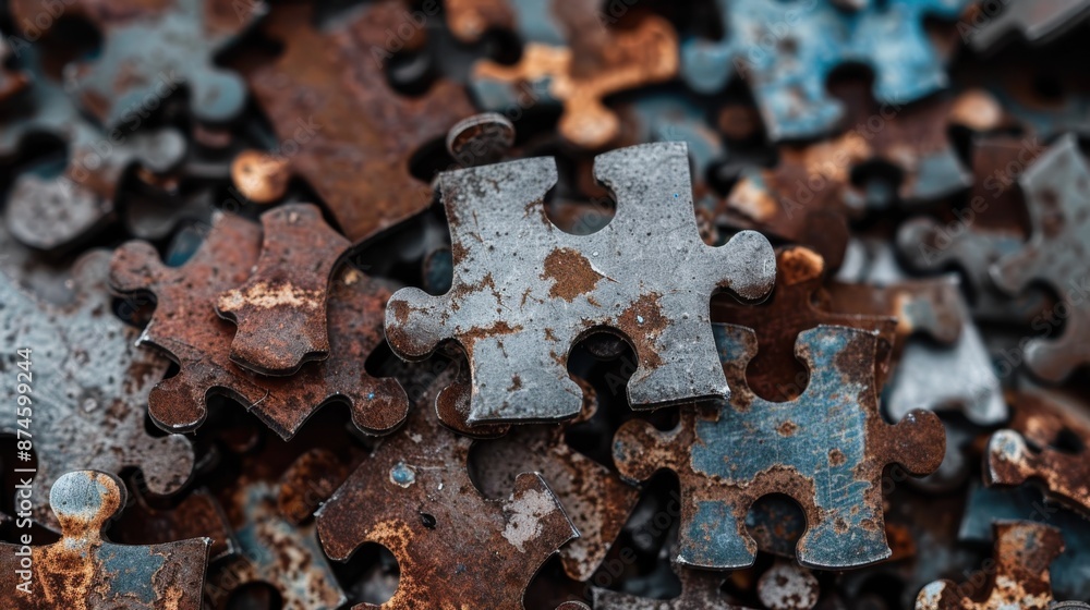 A collection of old, rusty jigsaw puzzle pieces is seen in this image ...