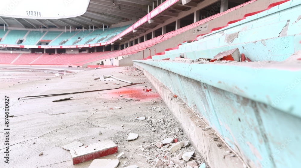 An empty stadium with scattered debris the silence and desolation ...