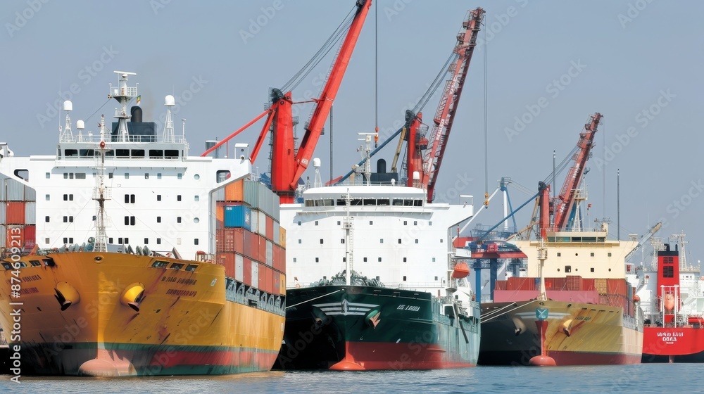 A bustling industrial port with massive cargo ships and cranes ...