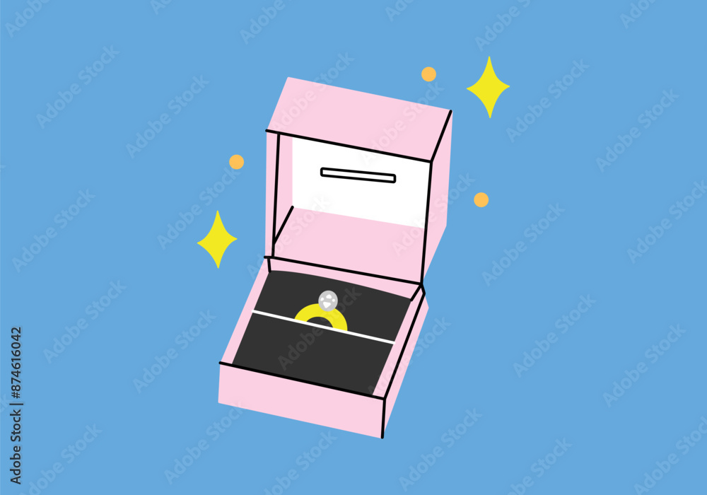 Wedding ring in a pink box. Cute vector illustration in doodle and flat ...