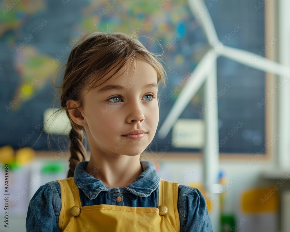 School kids studying wind turbines for eco awareness and renewable ...