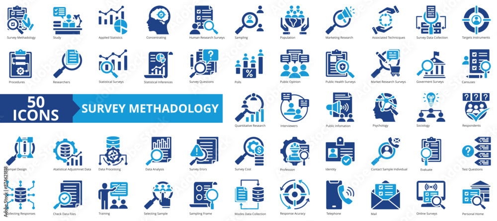 Survey methodology icon collection set. Containing study, data ...